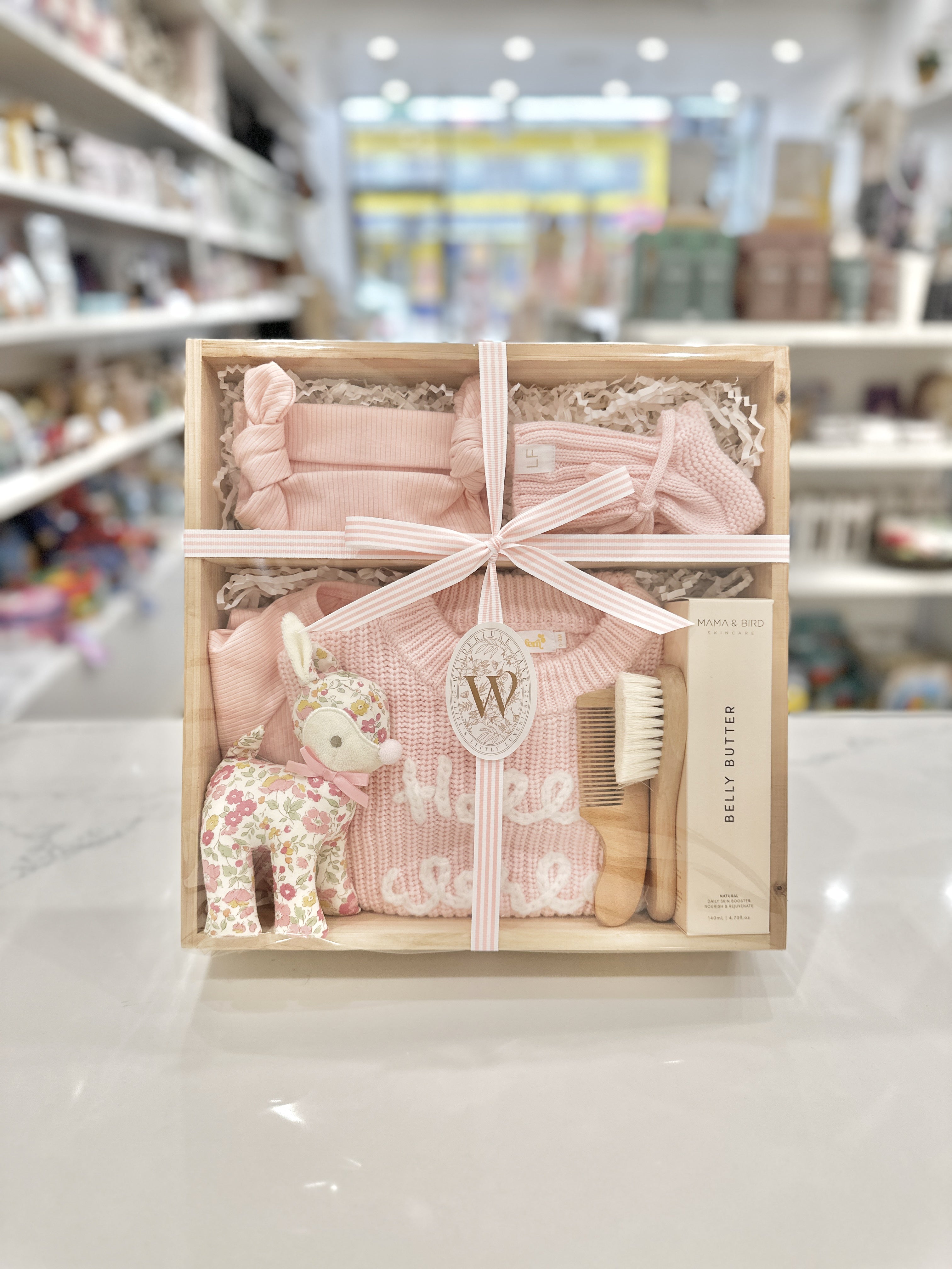 Hello World Baby Girl - Wooden Gourmet Hamper Box Natural – Wanderluxe Lane